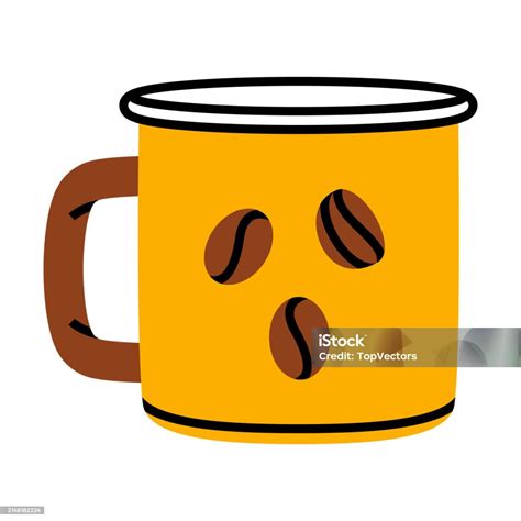 노란색 머그잔 와 콩 치고는 커피 향기로운 음료 벡터 일러스트 갈색에 대한 스톡 벡터 아트 및 기타 이미지 갈색 개념