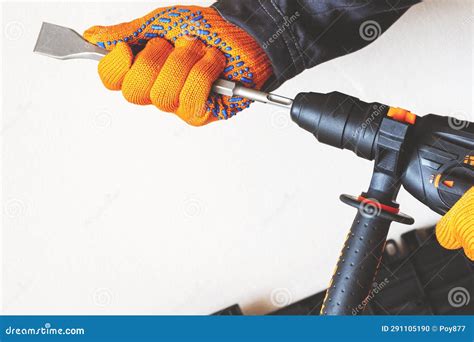 Hands In Protective Gloves Hammer Drill Chisel Bit Stock Photo Image Of Jackhammer Pick