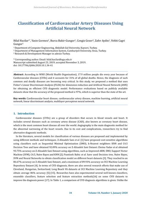 Pdf Classification Of Cardiovascular Artery Diseases Using Artificial Neural Network