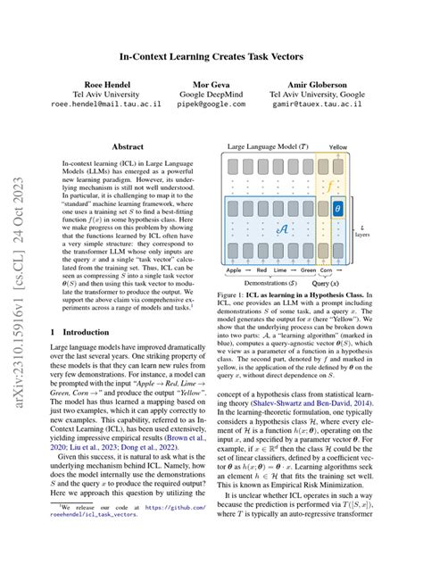 In Context Learning Creates Task Vectors Pdf
