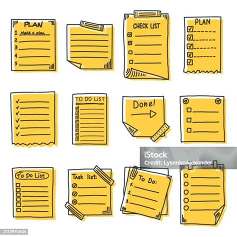 손으로 그린 메모 종이 시트 아이콘은 플랫 스타일로 설정되어 있습니다 체크리스트 벡터 일러스트 레이 션 고립 된 배경 할 목록 서명 사업 개념 계획에 대한 스톡 벡터 아트