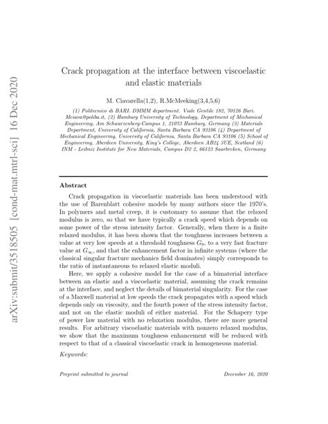 Pdf Crack Propagation At The Interface Between Viscoelastic And Elastic Materials