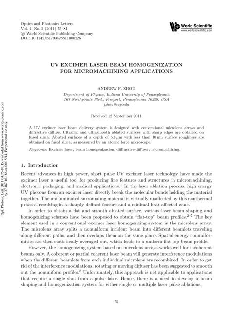 Pdf Uv Excimer Laser Beam Homogenization For Micromachining Applications