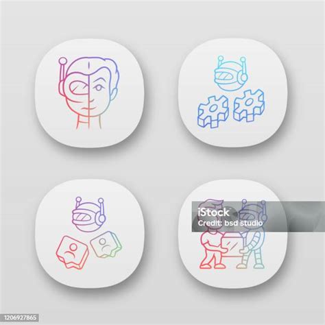 소프트웨어 봇 앱 아이콘 세트입니다 Ocialbot 트랜잭션 가장 로봇 인공 지능 사이보그 Ai Uiux 사용자 인터페이스 웹