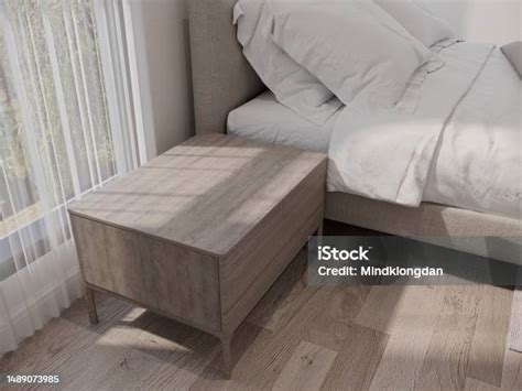 3d 렌더링은 현대 침대가 있는 야간 테이블 또는 침대 옆 탁자의 빈 공간을 닫습니다 사이드 테이블에 대한 스톡 사진 및 기타 이미지 사이드 테이블 침실 모던 양식