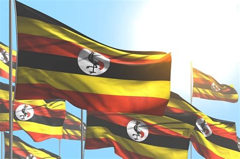 귀여운 축 하 깃발 3d 그림 많은 우간다 플래그는 푸른 하늘 배경에 파도입니다 우간다에 대한 스톡 사진 및 기타 이미지