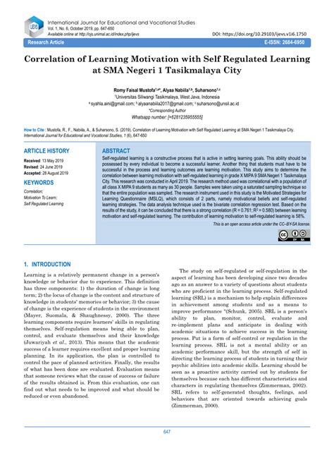 Pdf Correlation Of Learning Motivation With Self Regulated Learning At Sma Negeri 1