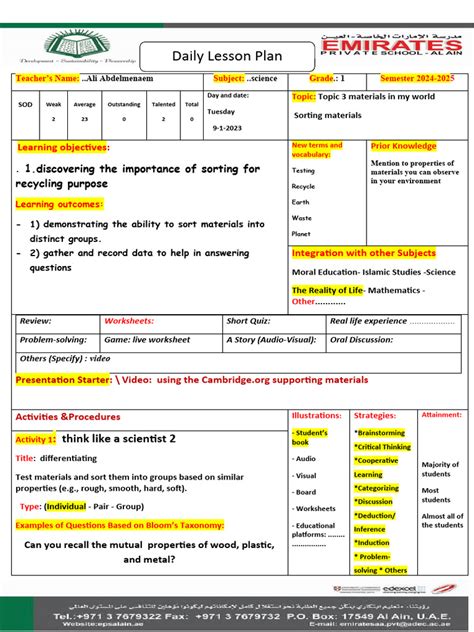 Lesson Plan Grade 1 Sorting Materials4 Pdf