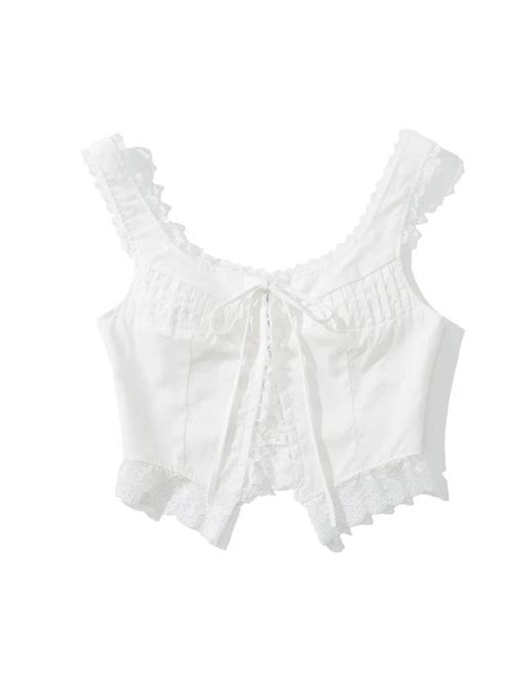 Yenkye 섹시한 레이스 화이트 탱크 탑 여성용 스플라이스 민소매 레이스업 섹시한 칼라 여름 패션 위시버킷