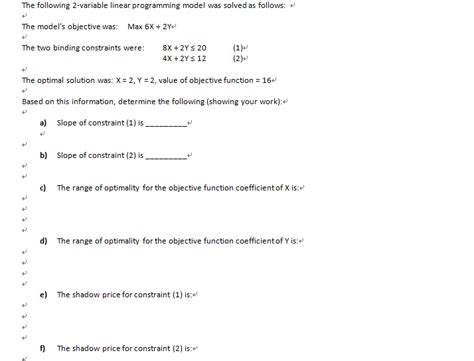Solved The Following 2 Variable Linear Programming Model Was