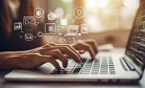 A Person Types On A Laptop With Icons Emerging From The Screen Stock Illustration Illustration