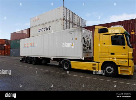 Marín Spain Commercial Transport Truck Loaded With A Container At The