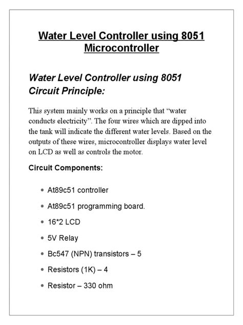 Water Level Controller Using 8051 Circuit Principle Pdf Electrical Network Resistor