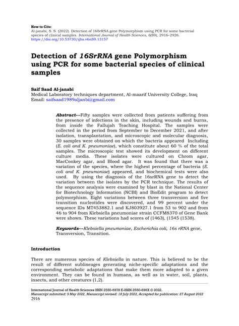 Pdf Detection Of 16srrna Gene Polymorphism Using Pcr For Some Bacterial Species Of Clinical