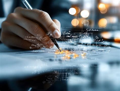 Close Up Of Hand Writing With Pen Creating Futuristic Holographic Data