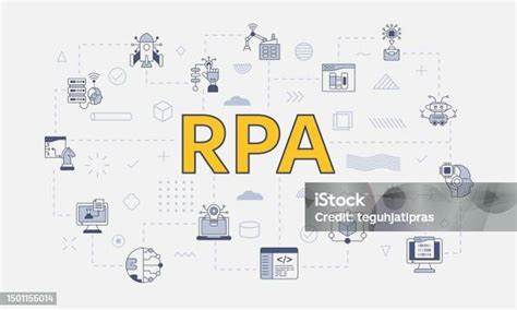 중앙에 큰 단어 또는 텍스트가 있는 아이콘 세트가 있는 Rpa 로봇 프로세스 자동화 개념 개념에 대한 스톡 벡터 아트 및 기타