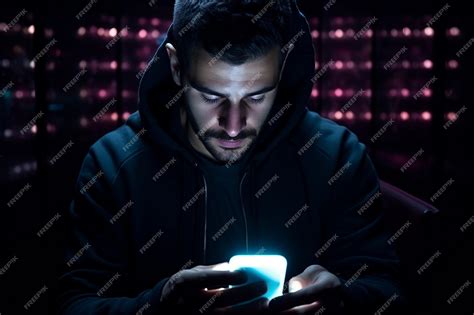 premium ai image man scrolling mobile phone screen in dark room