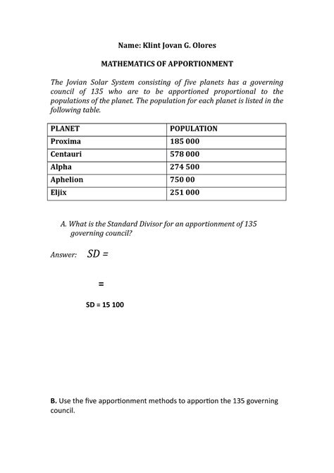 Mathematics Of Apportionment Name Klint Jovan G Olores Mathematics Of Apportionment The