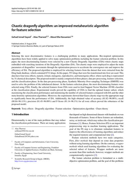 Chaotic Dragonfly Algorithm An Improved Metaheuristic Algorithm For Feature Selection Request Pdf
