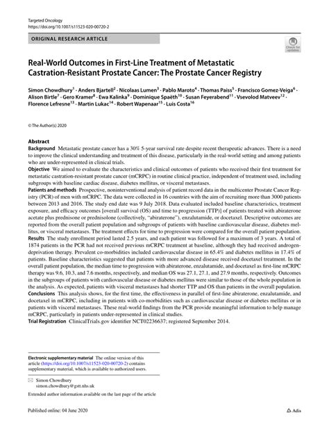 Pdf Real World Outcomes In First Line Treatment Of Metastatic Castration Resistant Prostate