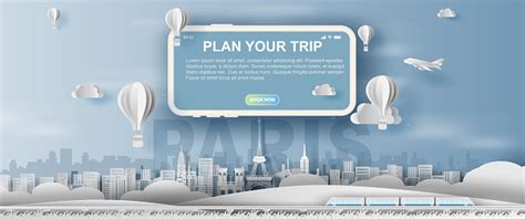 종이 공예 및 절단 파노라마 여행 휴일 랜드 스 케이프 에펠 탑 파리 시티 프랑스 창조적 인 여행 휴일 시간 스마트 폰 예약 계획 여행 컨셉 종이 아트 그림 벡터 개념에