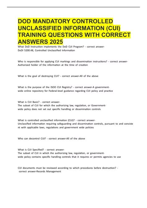 Dod Mandatory Controlled Unclassified Information Cui Training Questions With Correct Answers