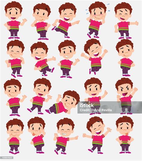 청바지에 만화 캐릭터 소년입니다 다른 자세 태도와 포즈 벡터 벡터 그림에 다양 한 활동을 하 고 부정적인 태도에 항상 설정 합니다 교사 교육 관련 직업에 대한 스톡 벡터