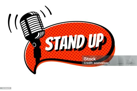 코미디 쇼 표지판을 일어 서 세요 레드 만화 버블에 비문 복고풍 스튜디오 테이블 마이크 포도 수확 벡터 일러스트 코미디언에 대한 스톡 벡터 아트 및 기타 이미지 Istock