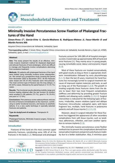 Pdf Minimally Invasive Percutaneous Screw Fixation Of Phalangeal Fractures Of The Hand