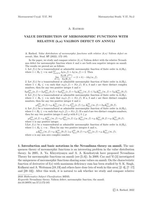 PDF The Value Distribution Of Meromorphic Functions With Relative K N Valiron Defect On Annuli