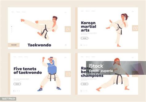 온라인 서비스 제공 교육 훈련 수업을 위한 랜딩 페이지 디자인 템플릿의 격리된 집합 가라테에 대한 스톡 벡터 아트 및 기타 이미지 가라테 태권도 일러스트레이션