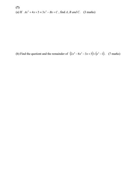 solved 7 a if ax² 4x 5 3x² bx c find a b and