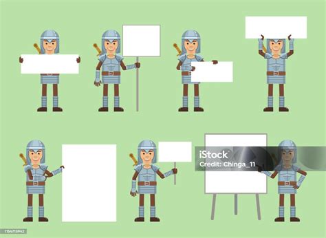 다른 빈 배너로 포즈 나이트 캐릭터의 집합입니다 종이 포스터 플 래 카드 화이트 보드를 가리키는 쾌활 한 기사 교육 광고 홍보 검에 대한 스톡 벡터 아트 및 기타 이미지