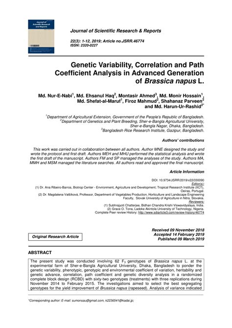 Pdf Genetic Variability Correlation And Path Coefficient Analysis In Advanced Generation Of