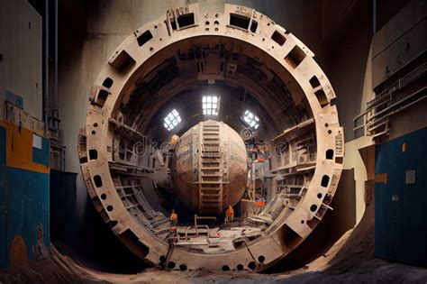 Tunnel Boring Machine With View Of The Tunnel Walls Advancing Toward The Camera Stock