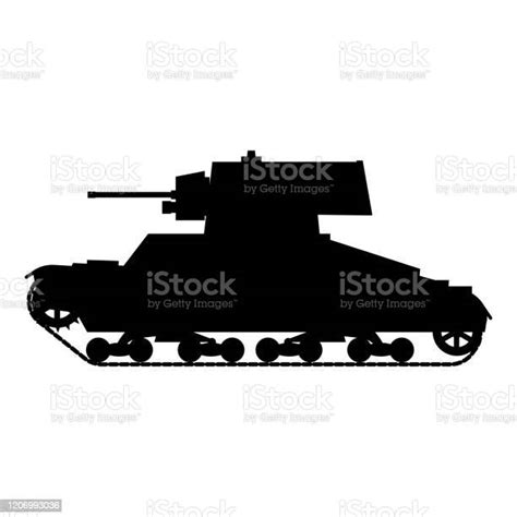 실루엣 탱크 보병 비커스 Mke 차 세계 대전 2 영국 탱크 아이콘입니다 군사 육군 기계 전쟁 무기 전투 기호 실루엣 측면보기 벡터 일러스트레이션 분리 Britannia에