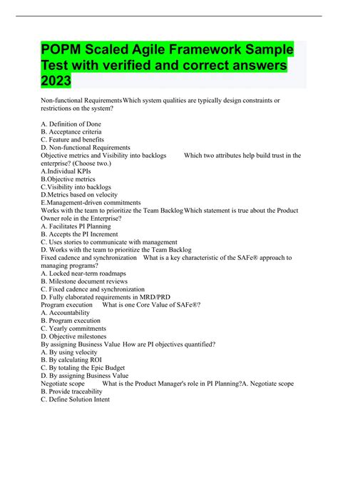 Popm Scaled Agile Framework Sample Test With Verified And Correct Answers 2023 Popm Scaled