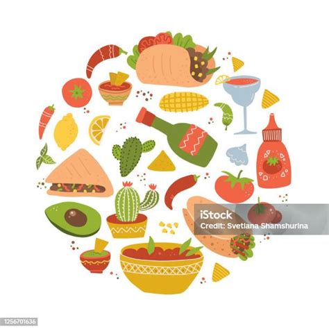 타코 부리토 마가리타 선인장 멕시코 음식 만화 맛있는 개체 기호 및 항목의 다채로운 손으로 그린 세트 둥근 모양 컴포지션 플랫 벡터 그림입니다 0명에 대한 스톡 벡터 아트