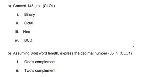 solved a convert 145 10 to clo1 i binary ii octal iii