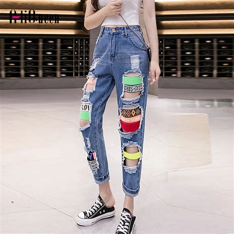 여름 Streetwear 여성 빈티지 섹시 할로우 아웃 루즈 와이드 레그 데님 바지 스플 라이스 홀 바지 청바지 하렘 팬츠 팬티 And 카프리스 Aliexpress