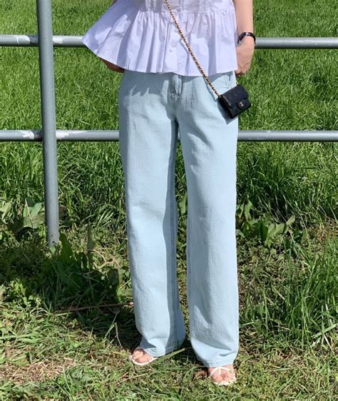 스프링샌드 얇은원단 여름 일자 와이드 청바지 하이웨스트 연청 롱 와이드 데님 팬츠