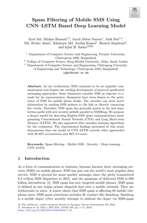 Pdf Spam Filtering Of Mobile Sms Using Cnnlstm Based Deep Learning Model