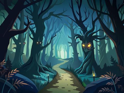 A Dense Dark Forest With Gnarled Trees Glowing Eyes Peeking From The Shadows Premium AI
