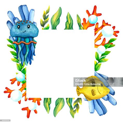 해파리 초록색 파란 해초 귀여운 노란색 탕 물고기가 있는 수채화 프레임 삽화 수중 잔디와 산호 자연 경관 요소 어린이 인쇄를