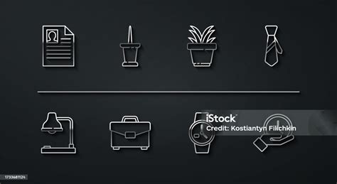 라인 이력서 테이블 램프 넥타이 손목 시계 서류 가방 푸시 핀 시계 및 화분 아이콘을 설정합니다 벡터 가방에 대한 스톡 벡터 아트 및 기타 이미지 Istock