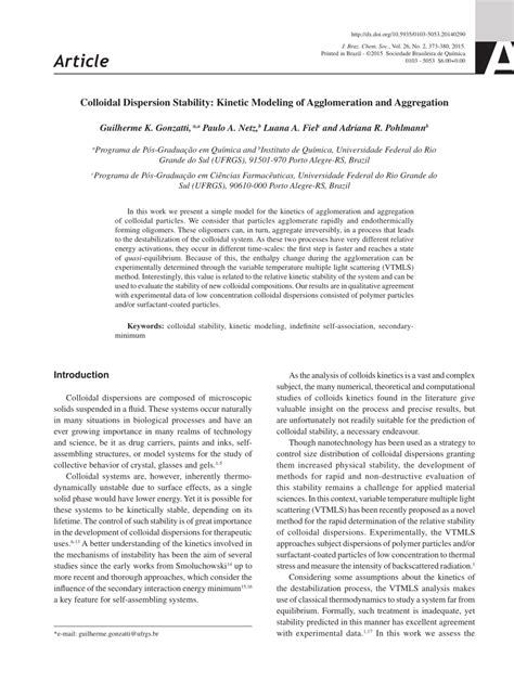 Pdf Colloidal Dispersion Stability Kinetic Modeling Of Agglomeration