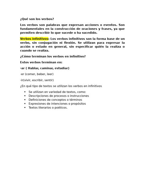Verbos Infinitivos Uso Y Terminaciones Pdf