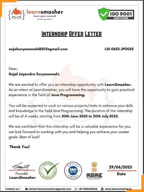 Sejal Suryawanshi On Linkedin Internship