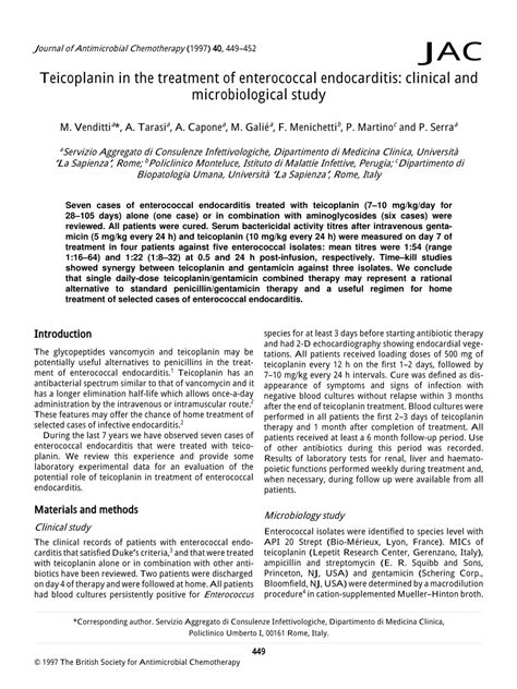 Pdf Teicoplanin In The Treatment Of Enterococcal Endocarditis