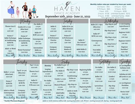 Class Schedule Haven Dance Academy Ballet Tap Jazz Modern And Hip